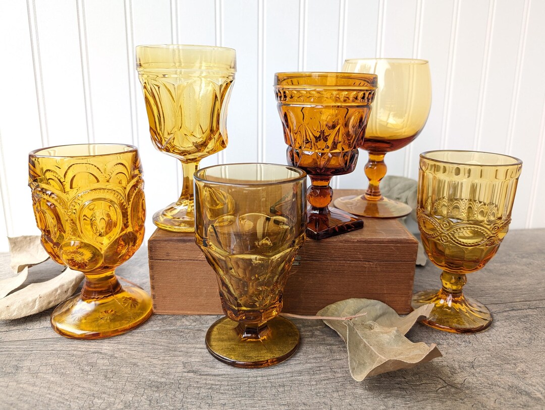 Set of 6 Amber Mismatched Vintage Glass Goblets, Amber Eclectic Boho ...