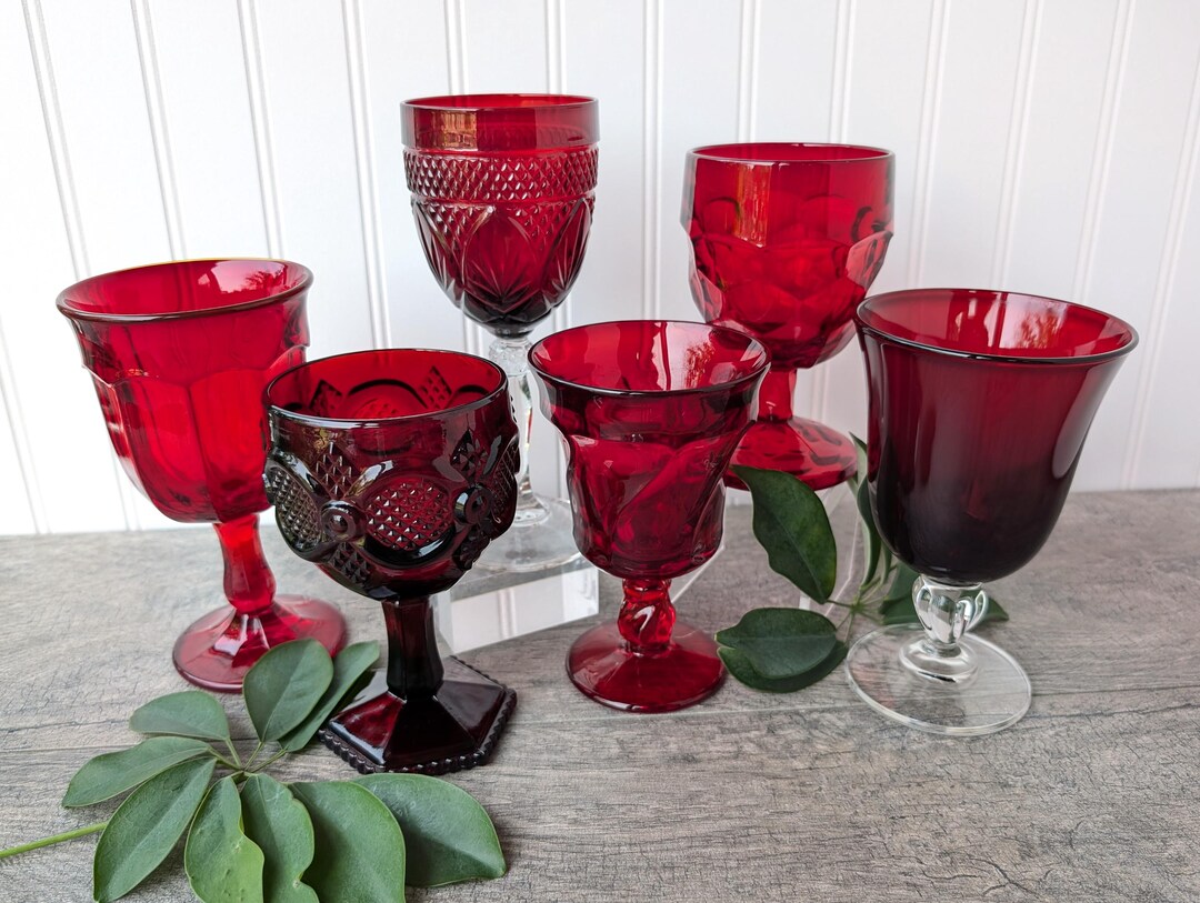 Set of 6 Mismatched Red Ruby Vintage Glass Goblets, Boho Shabby Chic ...