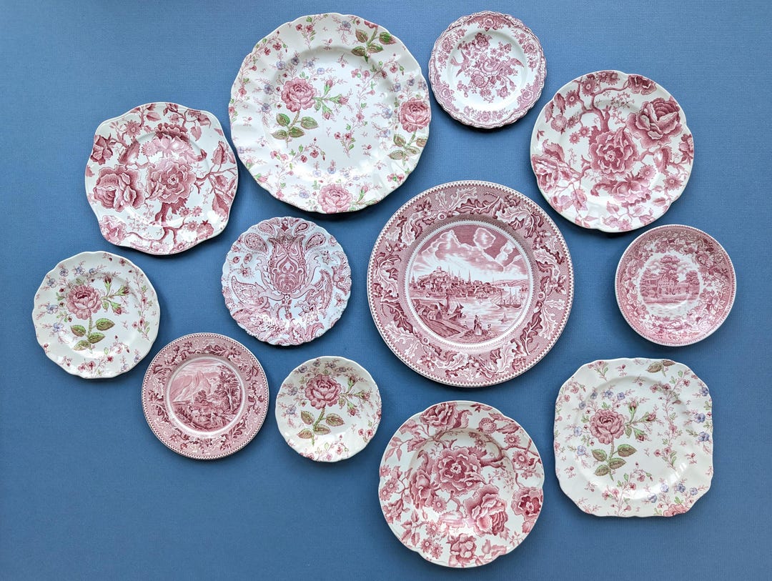 Vintage Red (pink) Transferware Plate Wall Collection, Farmhouse Wall ...