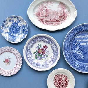Vintage Red pink and Blue Transferware Plate Wall Collection, Farmhouse ...