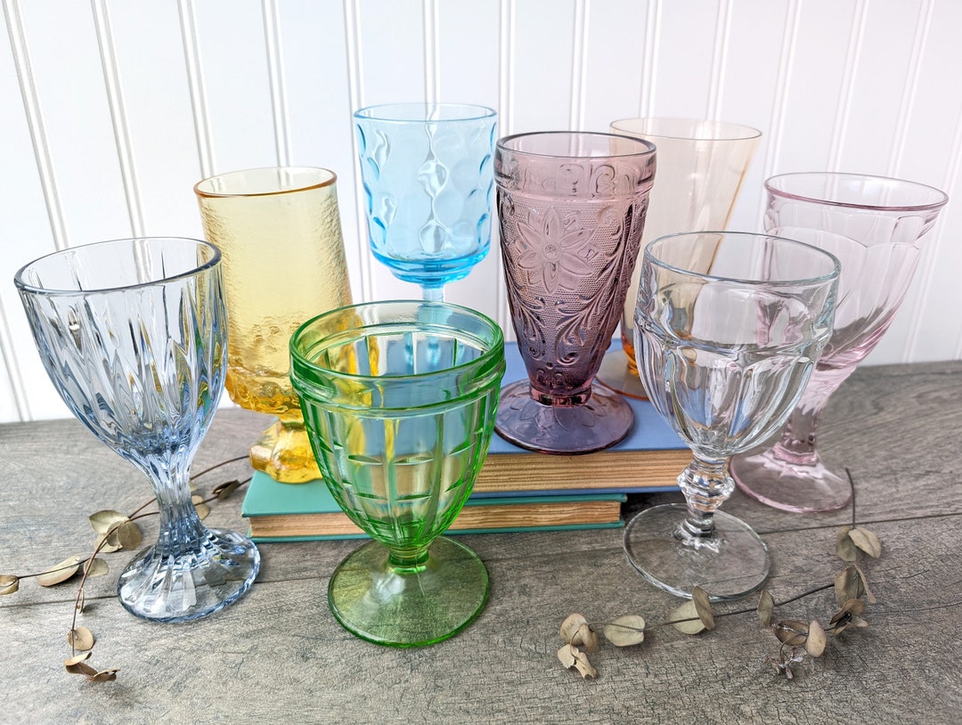 Set of 8 Pastel Rainbow Mismatched Multicolor Vintage Glass Goblets, Colorful Mixed Goblets for ...