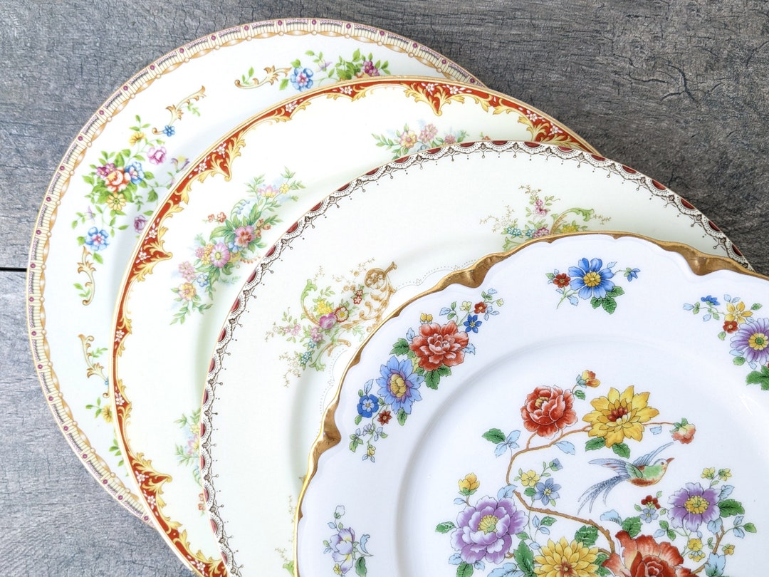 Vintage Red Dinner Plates Mismatched China Set of 4, Boho Wedding China ...