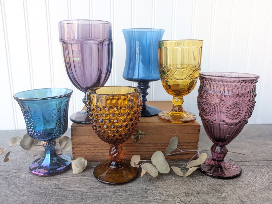 Set of 6 Mismatched Multicolor Vintage Jewel Tone Goblets, Purple Teal ...