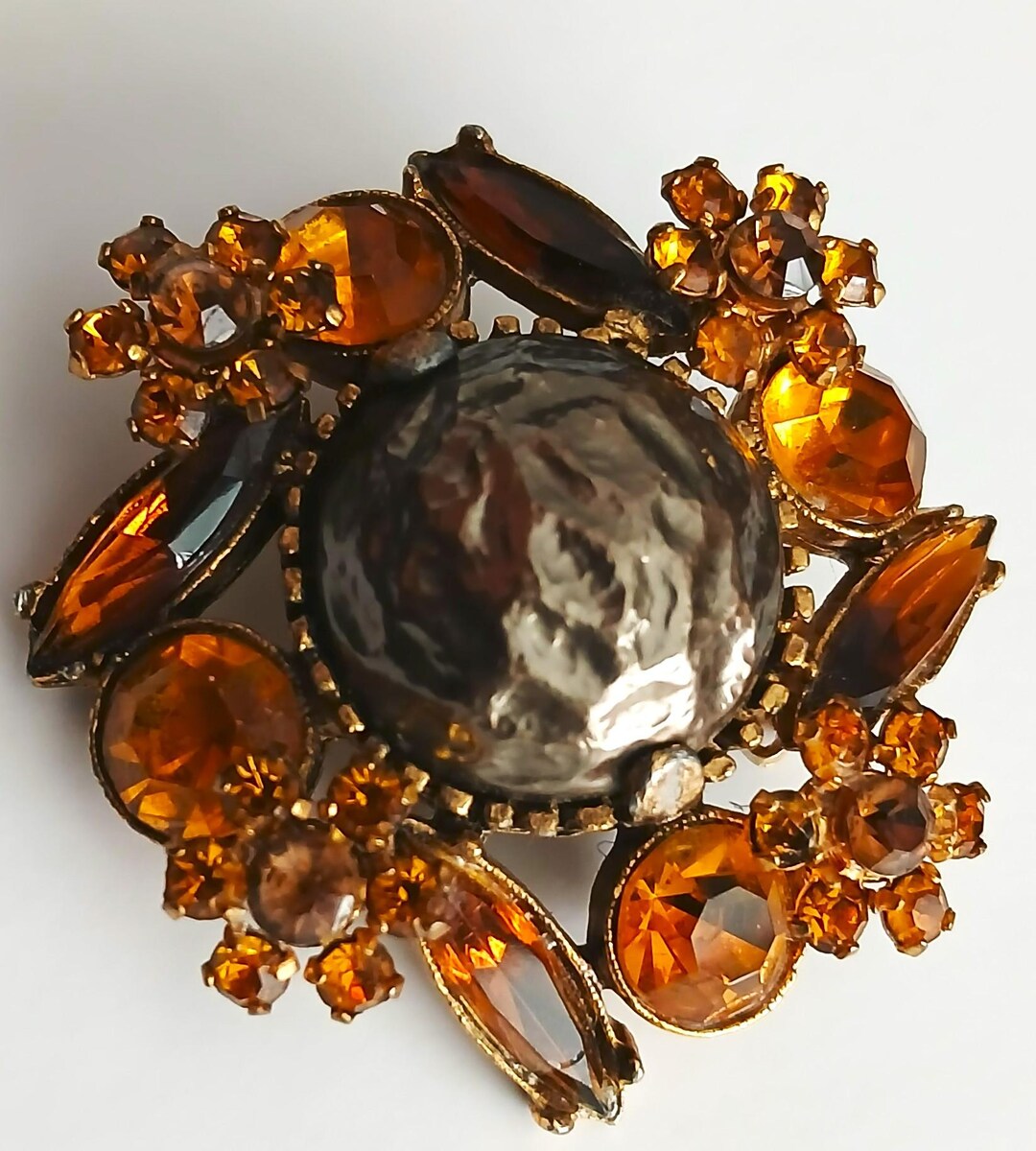 Vintage Rhinestone Brooch, Topaz Gold Lava Cabochon, 1960s Regency ...