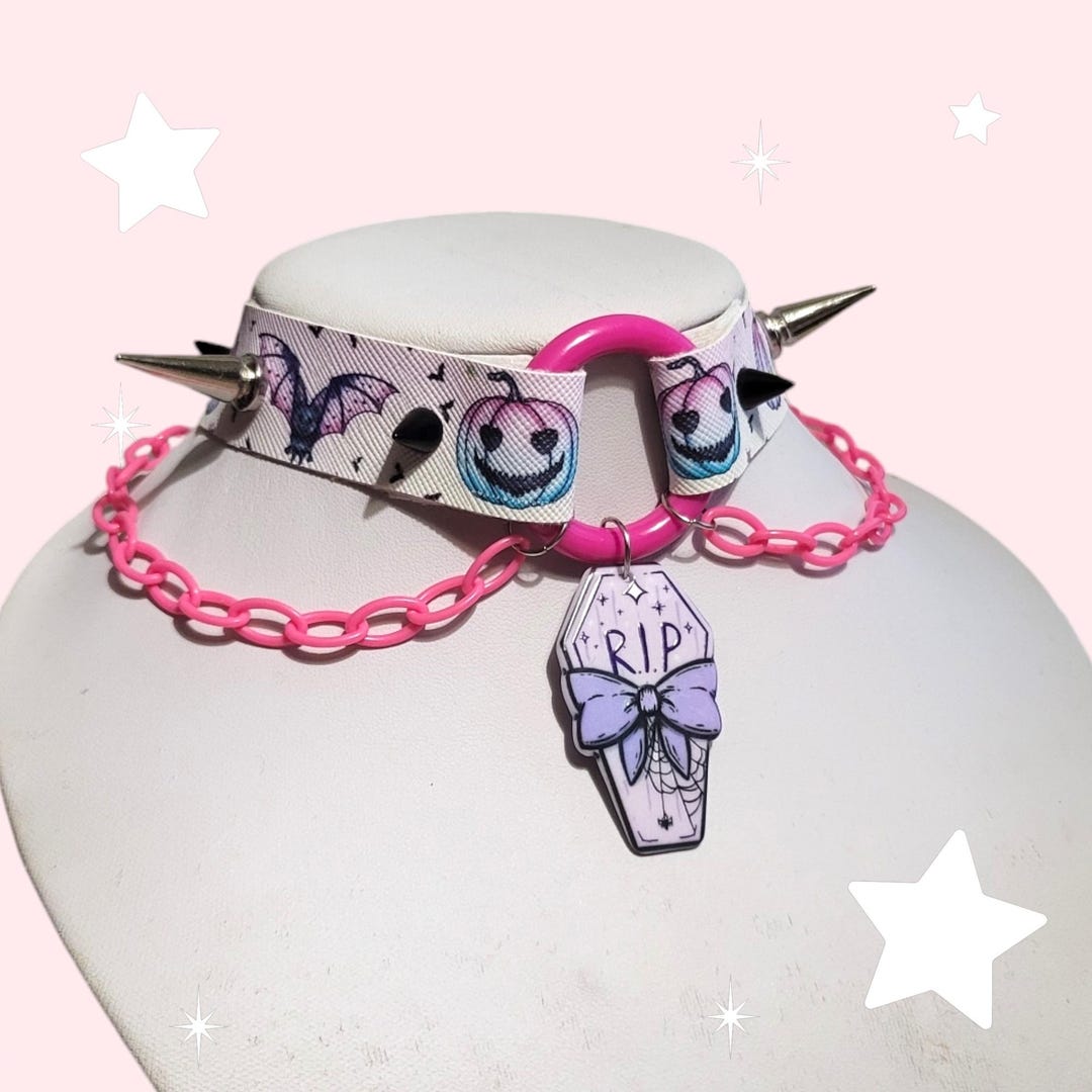 Pastel Goth Spiked O Ring Choker With Pumpkins Print, Pink Plastic ...