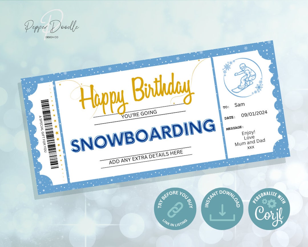 Editable Snowboarding Gift Voucher - Printable Voucher - Personalise ...