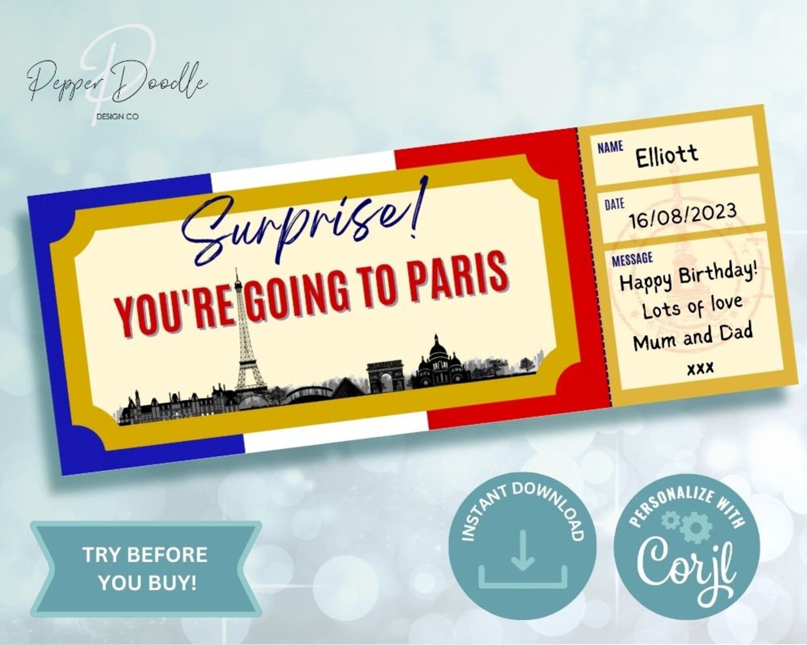 Editable Voucher Paris City Break Printable Personalise Digital Gift ...