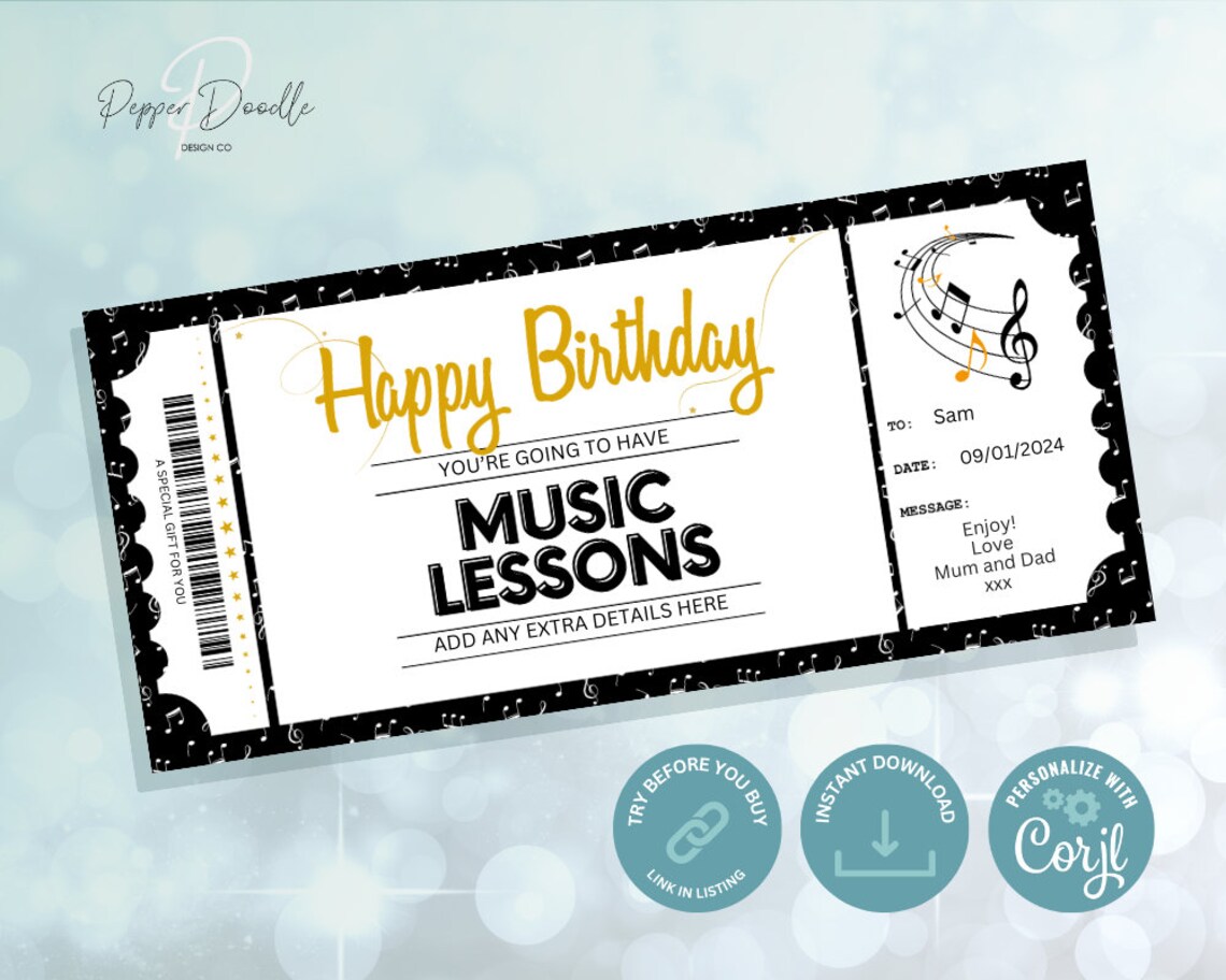 Editable Music Lessons Gift Voucher - Birthday Gift Voucher ...