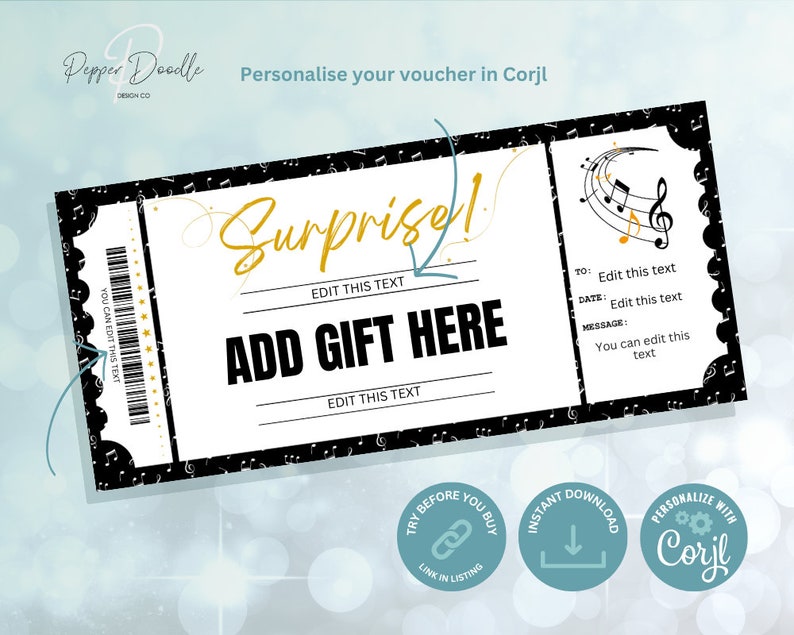 Editable Music Themed Surprise Gift Voucher - Personalise - Digital ...