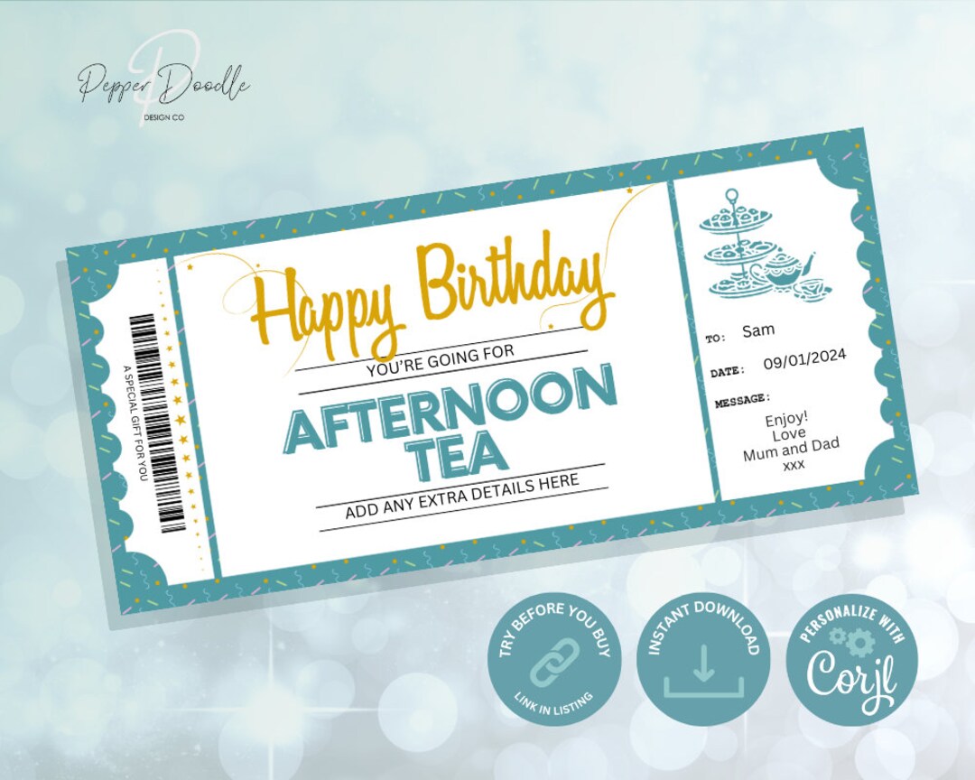 Editable Afternoon Tea Birthday Gift Voucher - Personalise - Digital ...