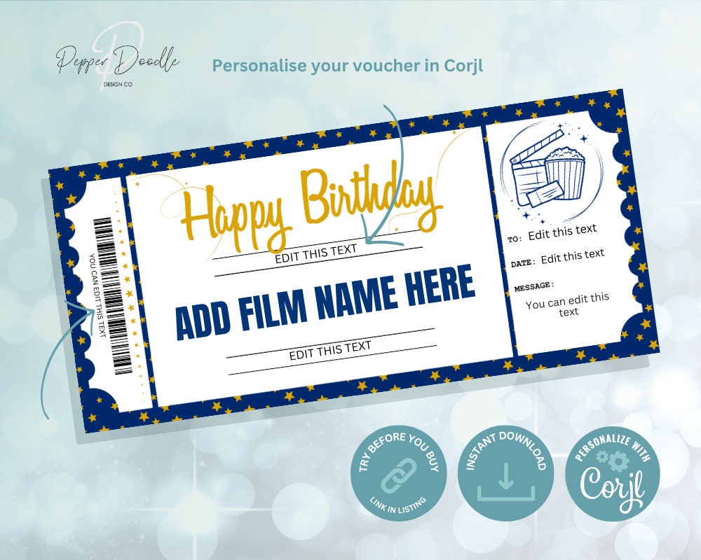 Editable Cinema / Movie Film Themed Birthday Voucher - Personalise ...