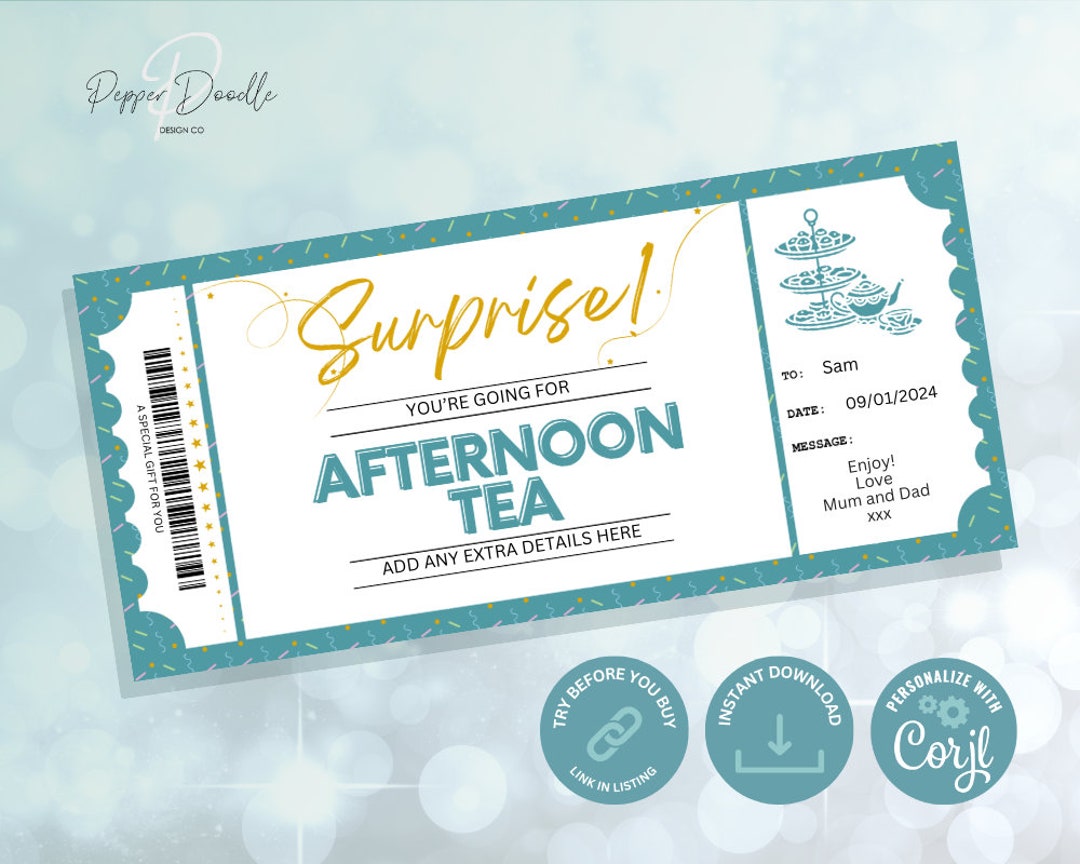 Editable Afternoon Tea Surprise Gift Voucher - Personalise - Digital ...