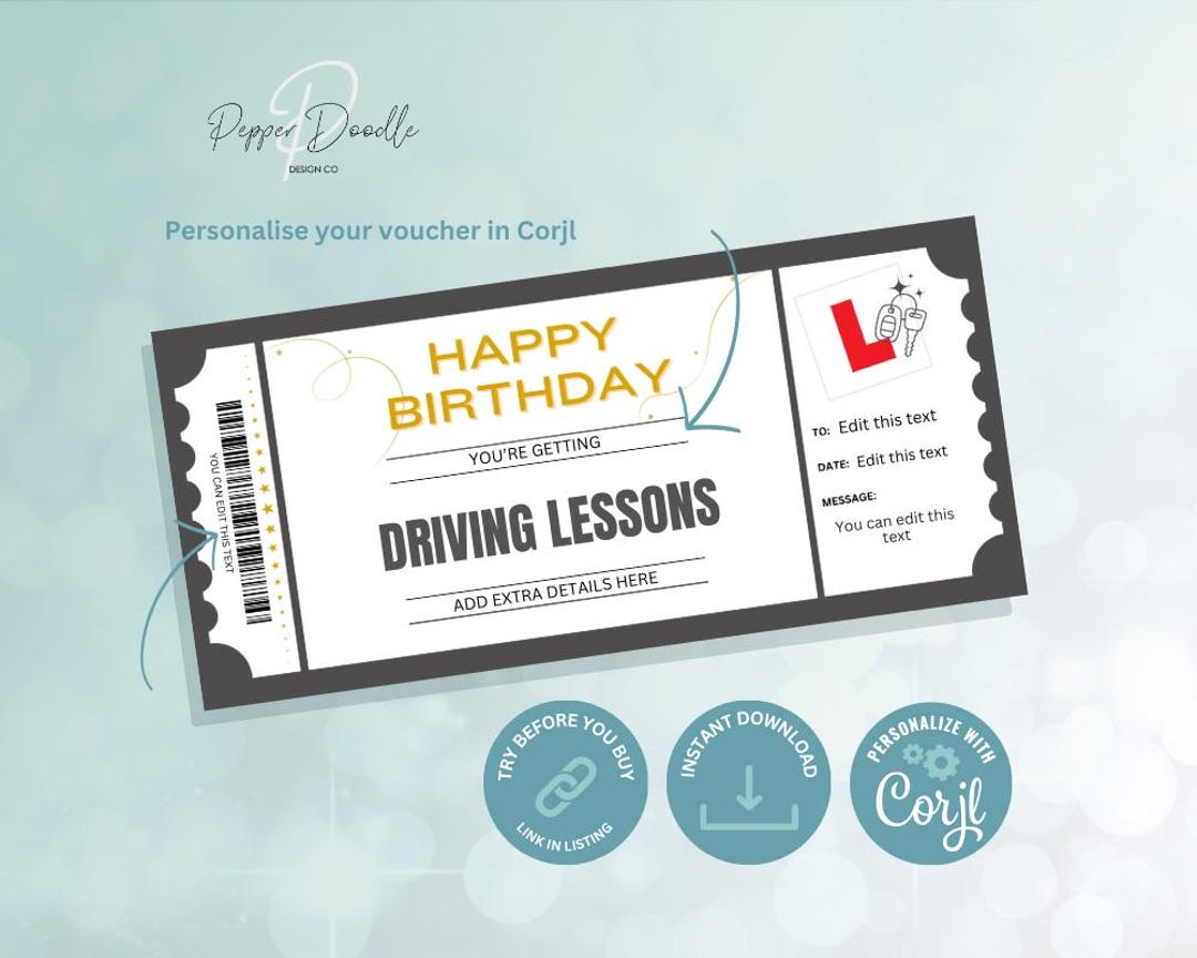 Editable Birthday Gift Voucher - Driving Lessons Voucher - Personalise ...
