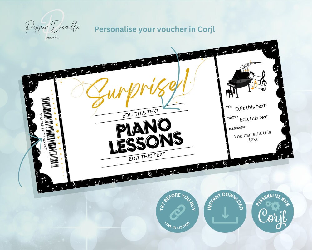 Editable Piano Lessons Gift Voucher Surprise Gift Voucher Personalise ...