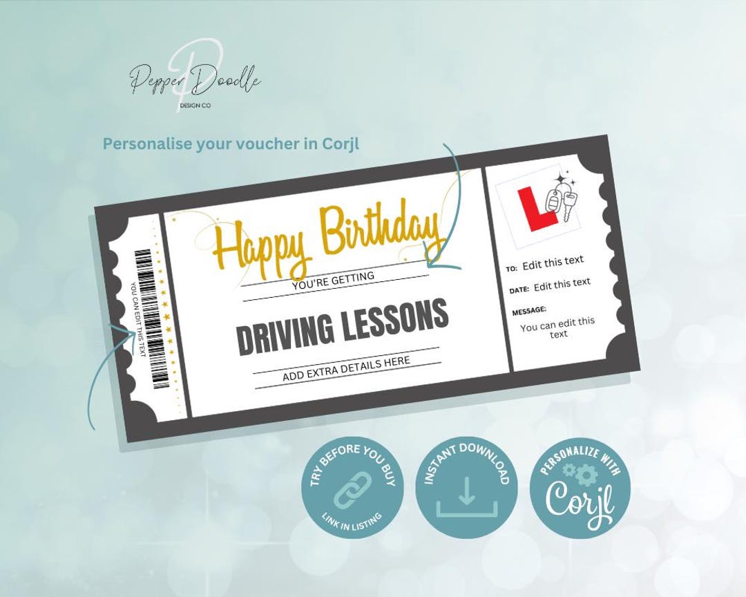 Editable Birthday Gift Voucher - Driving Lessons Voucher - Personalise ...