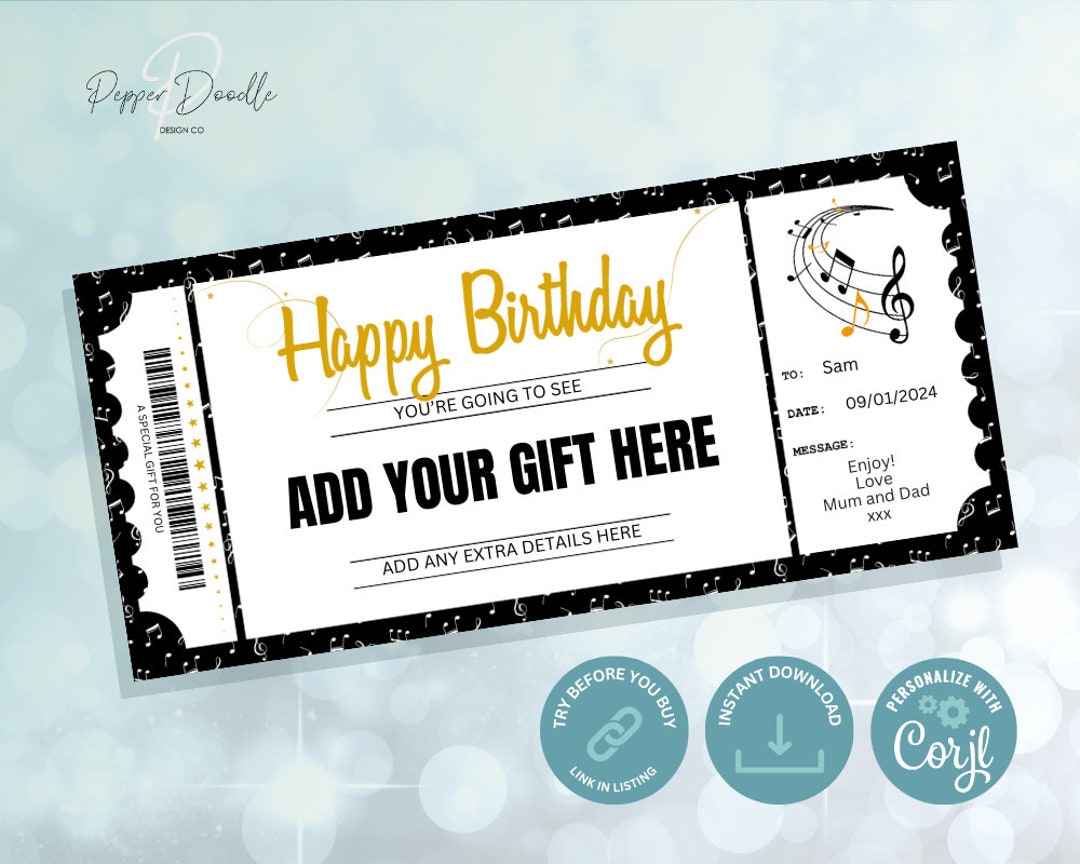 Editable Birthday Gift Voucher - Music Themed Voucher - Personalise ...