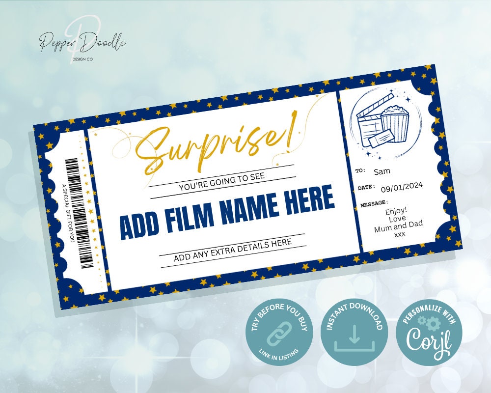 Editable Cinema Movie Surprise Gift Voucher - Personalise - Digital ...