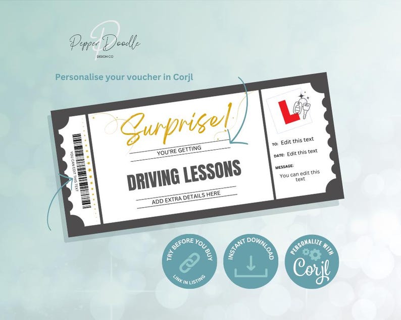 Editable Surprise Gift Voucher - Driving Lessons Voucher - Personalise ...