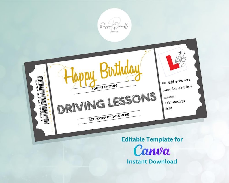 Editable Birthday Gift Voucher - Driving Lessons Voucher - Personalise ...