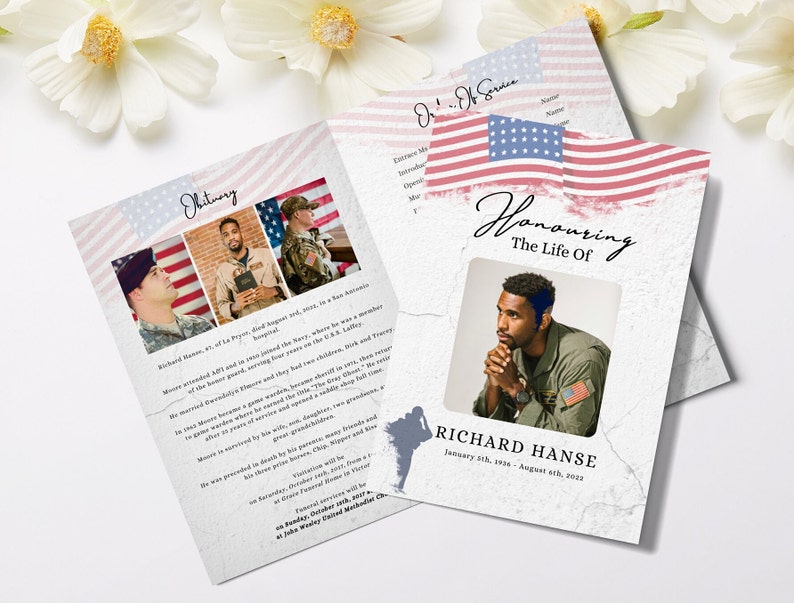 American Flag Veteran Soldier Funeral Template, Editable Obituary ...