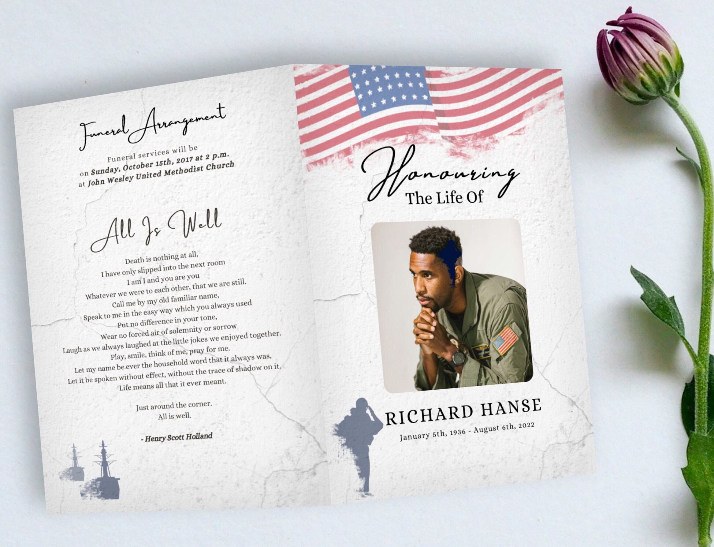 American Flag Veteran Soldier Funeral Template, Editable Obituary ...