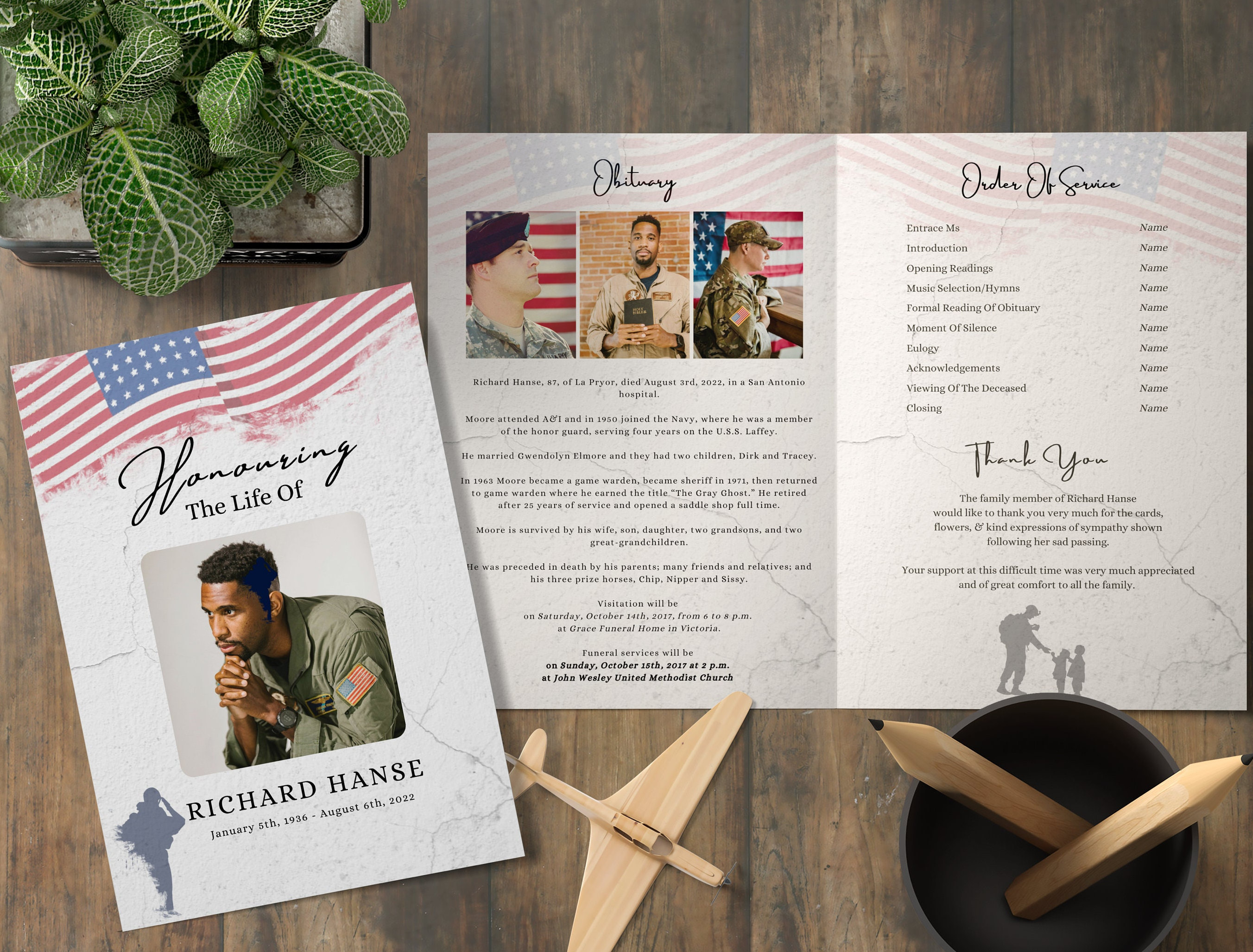 American Flag Veteran Soldier Funeral Template, Editable Obituary ...