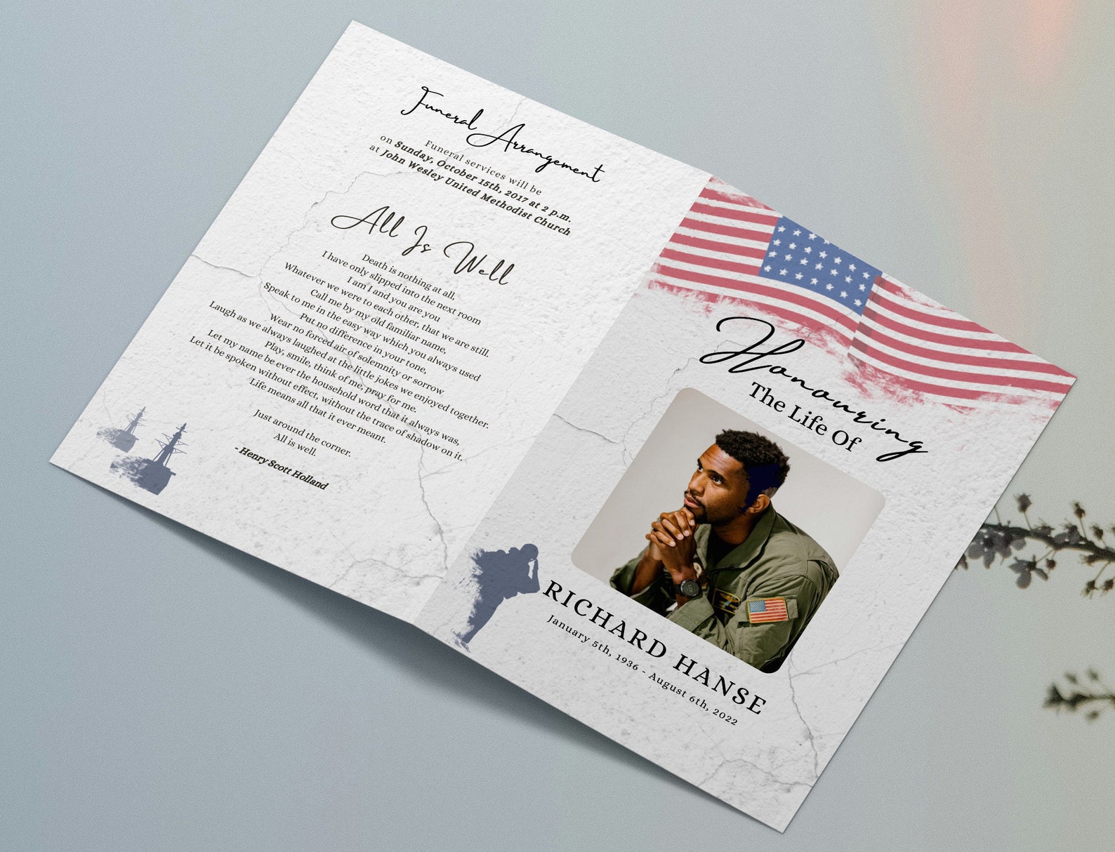 American Flag Veteran Soldier Funeral Template, Editable Obituary ...