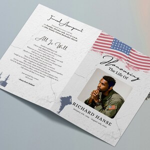 American Flag Veteran Soldier Funeral Template, Editable Obituary ...