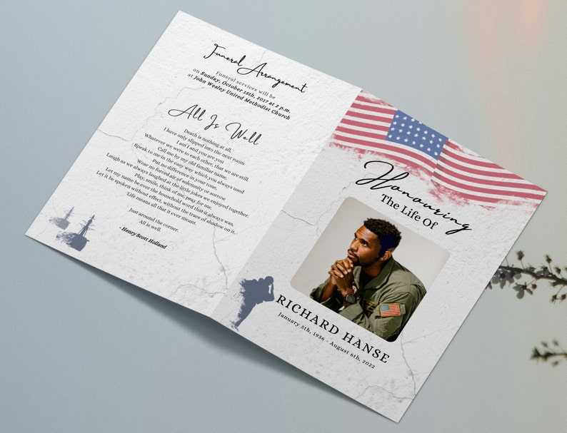 American Flag Veteran Soldier Funeral Template, Editable Obituary ...