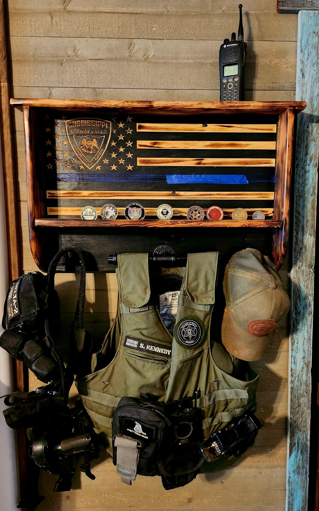Personalized, Police Gear Rack, Thin Blue Line Flag With Challenge Coin ...