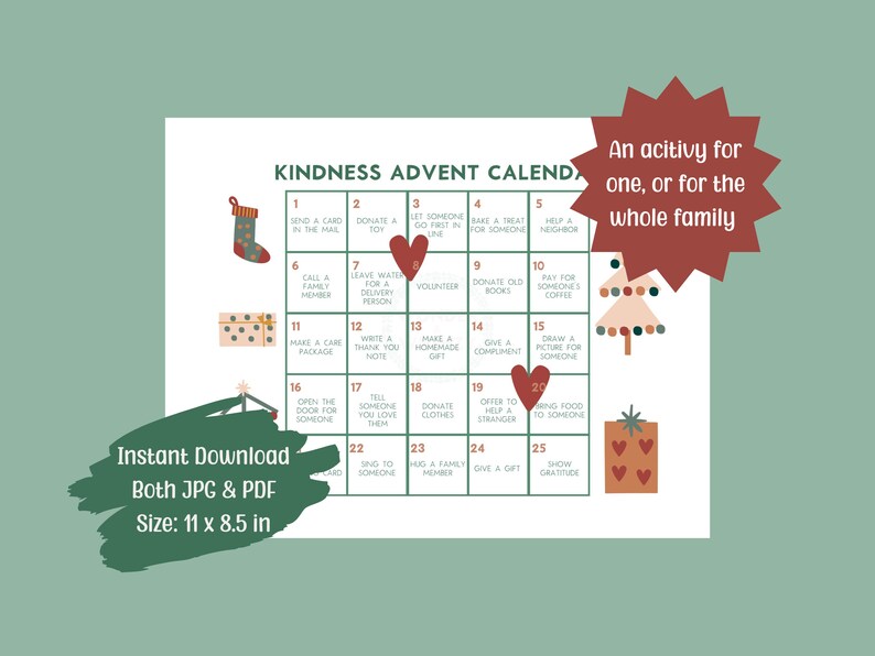 Kindness Advent Calendar | Printable Holiday Calendar | Christmas ...