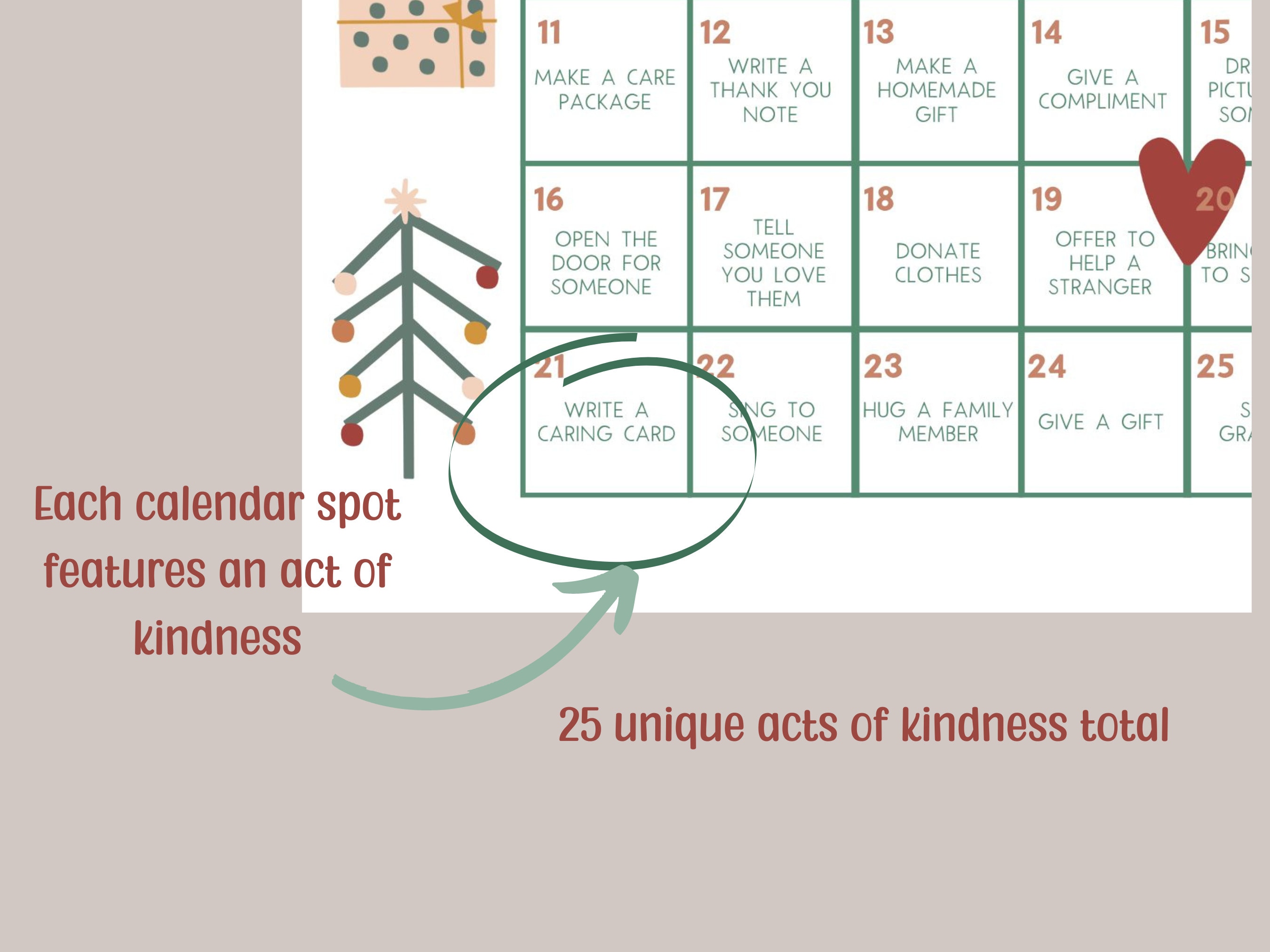 Kindness Advent Calendar | Printable Holiday Calendar | Christmas ...
