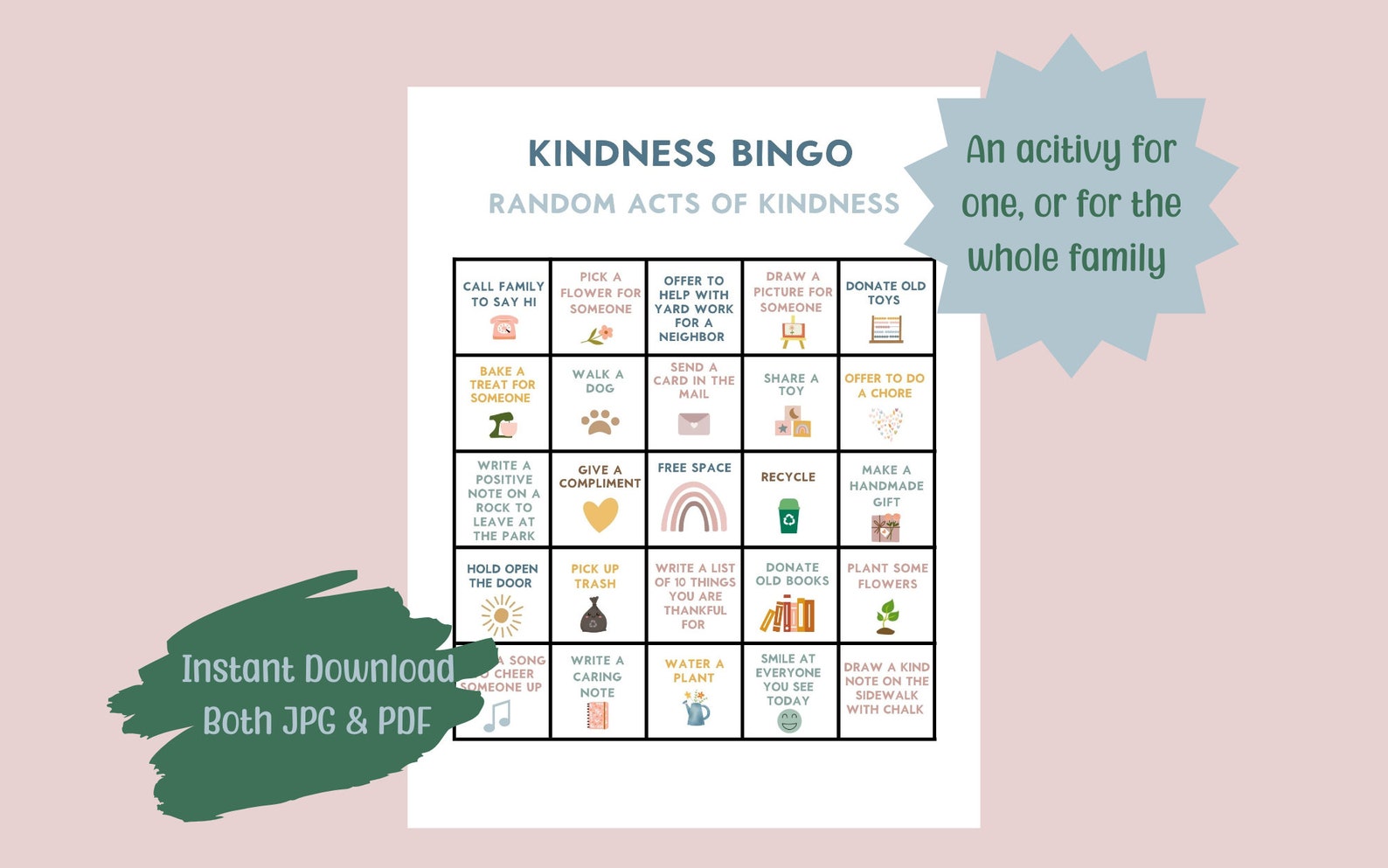 Printable Kindness Bingo With Variations for Kids to Encourage Random ...