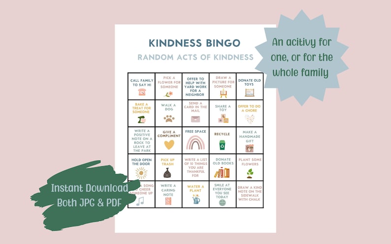 Printable Kindness Bingo With Variations for Kids to Encourage Random ...