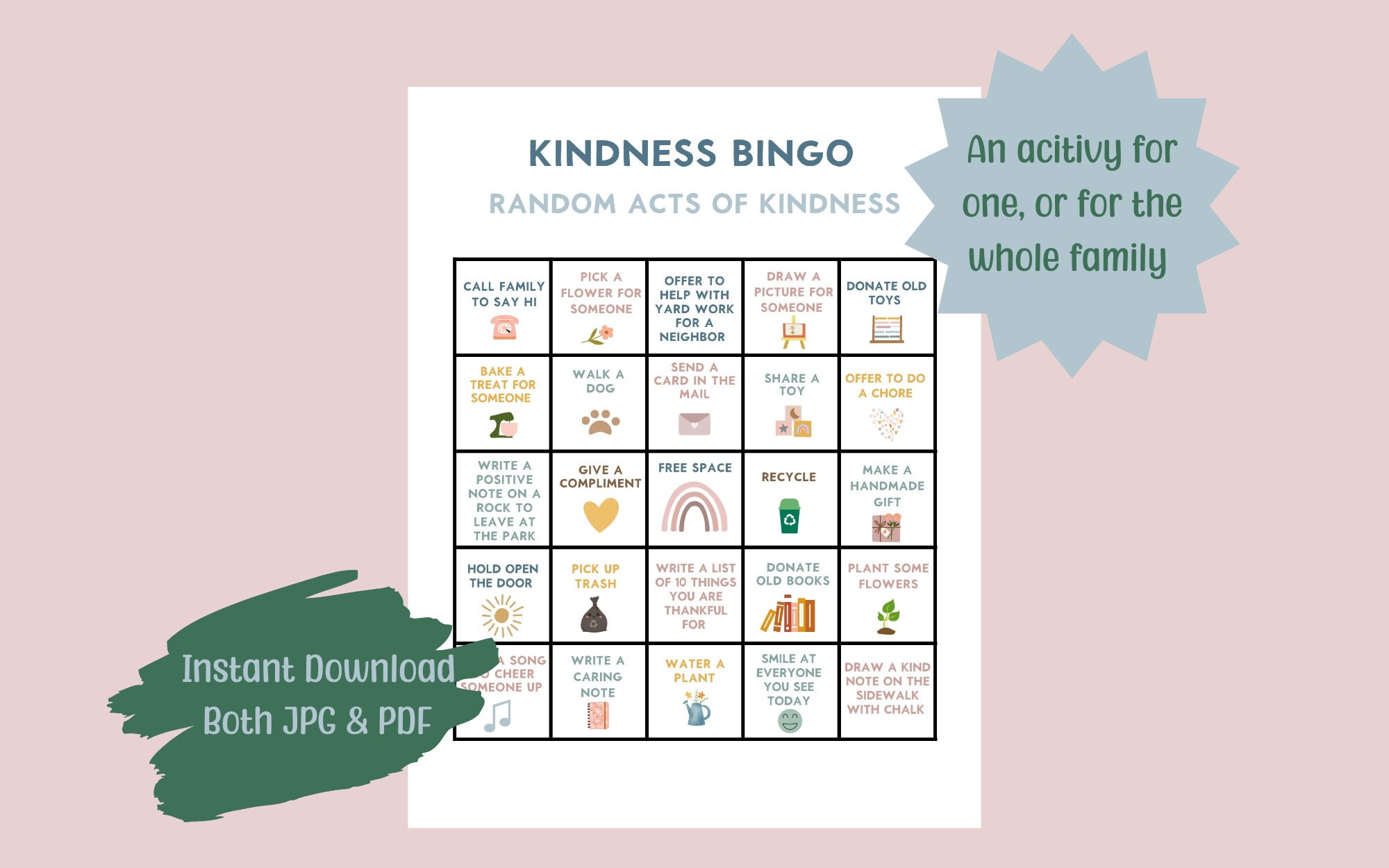 Printable Kindness Bingo With Variations for Kids to Encourage Random ...