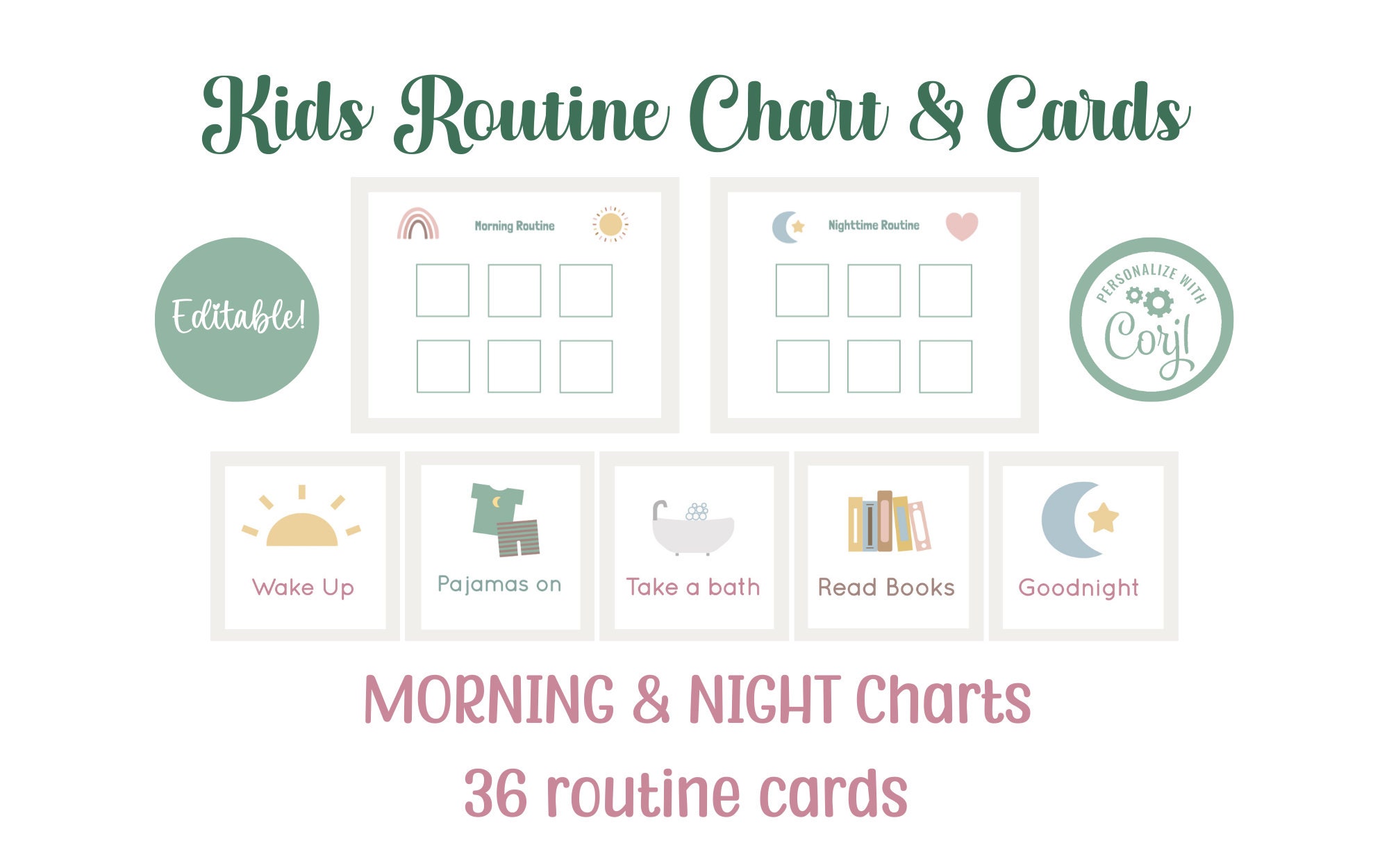 Kids Routine Chart and Cards for Morning Routine and Night Editable ...