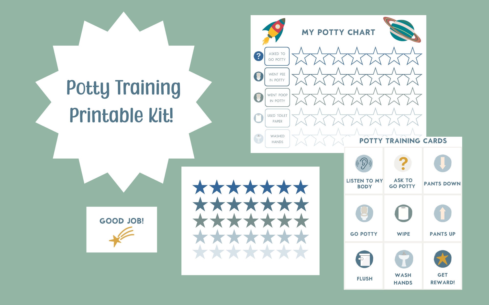 Potty Training Chart Bundle: Reward Chart, Potty Training Flash Cards ...