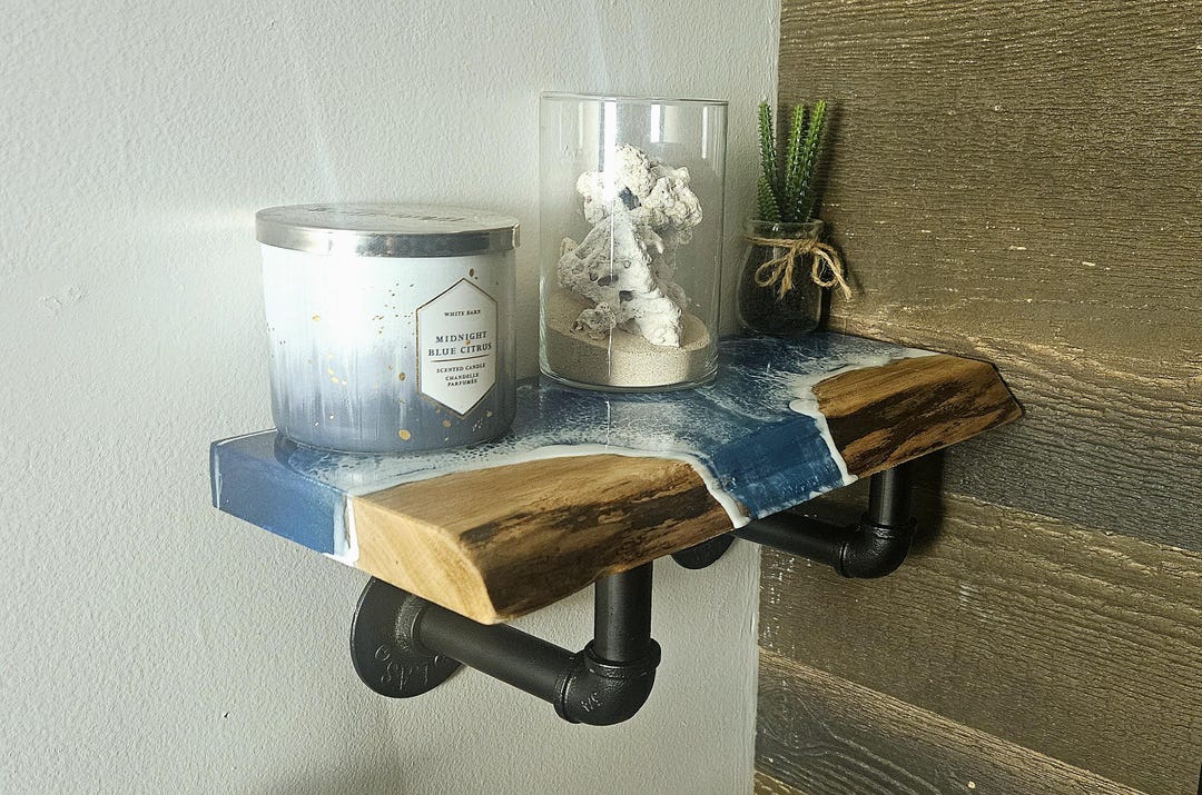 Live Edge Wooden Shelf With Beach Ocean Resin Waves and Iron Pipe ...