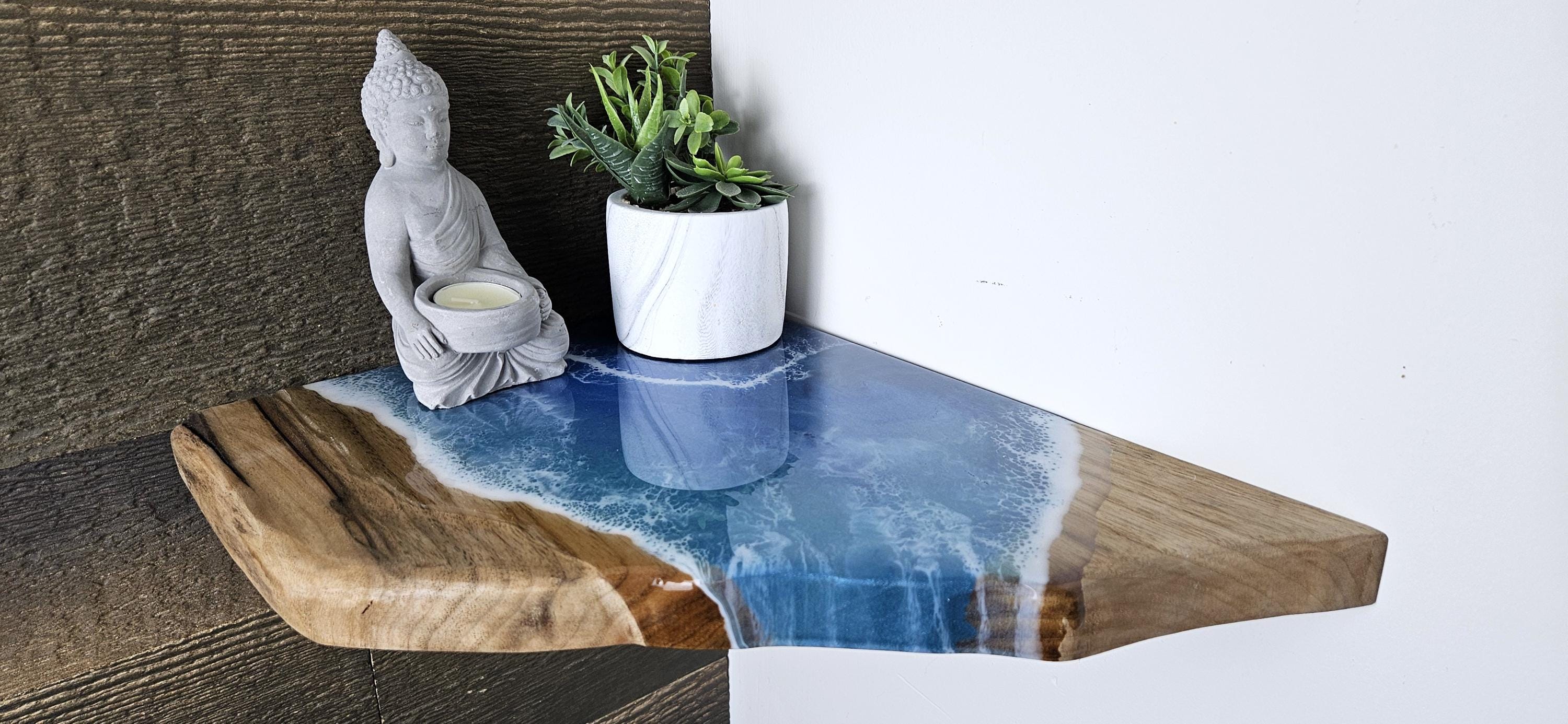 Live Edge Corner Floating Shelf: Ocean Resin Waves, Maple or Butternut ...