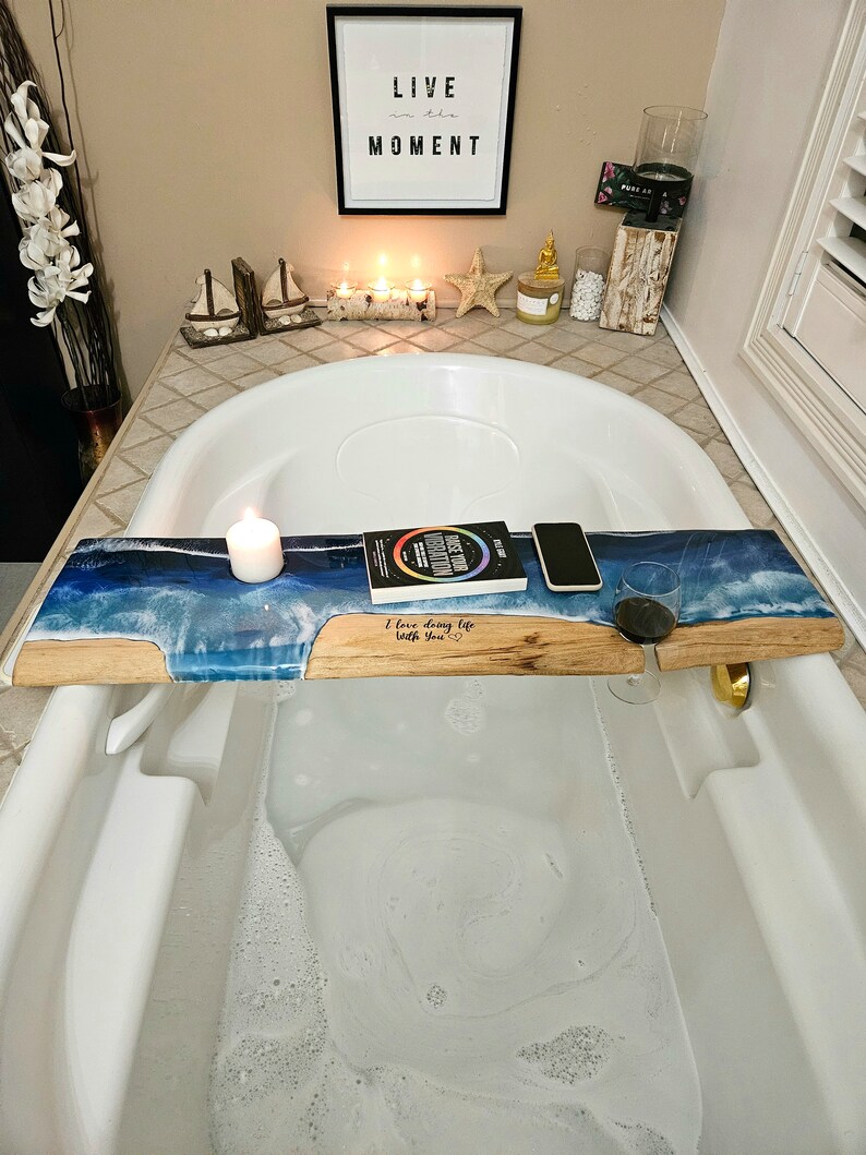 Free Engraved Personalized Bath Caddy, Custom Bathtub Tray, Beach Resin ...