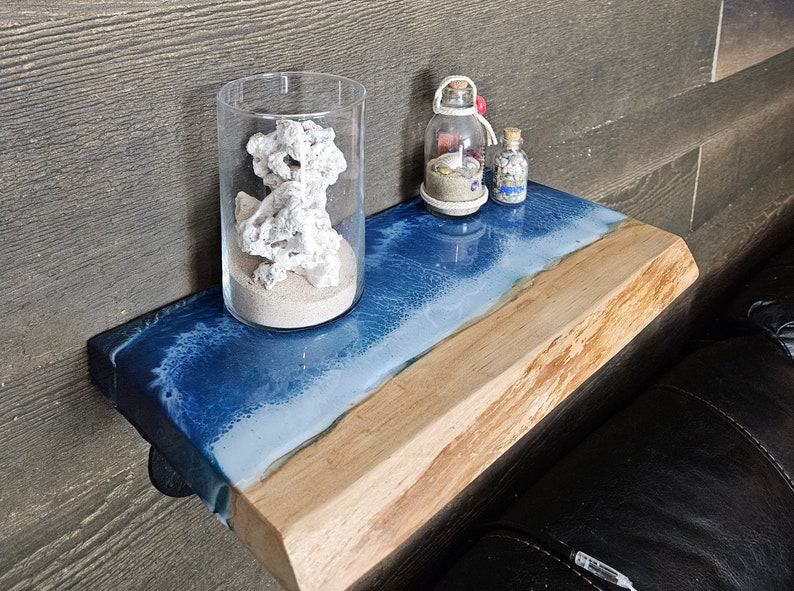 Live Edge Wooden Shelf With Beach Ocean Resin Waves and Iron Pipe ...