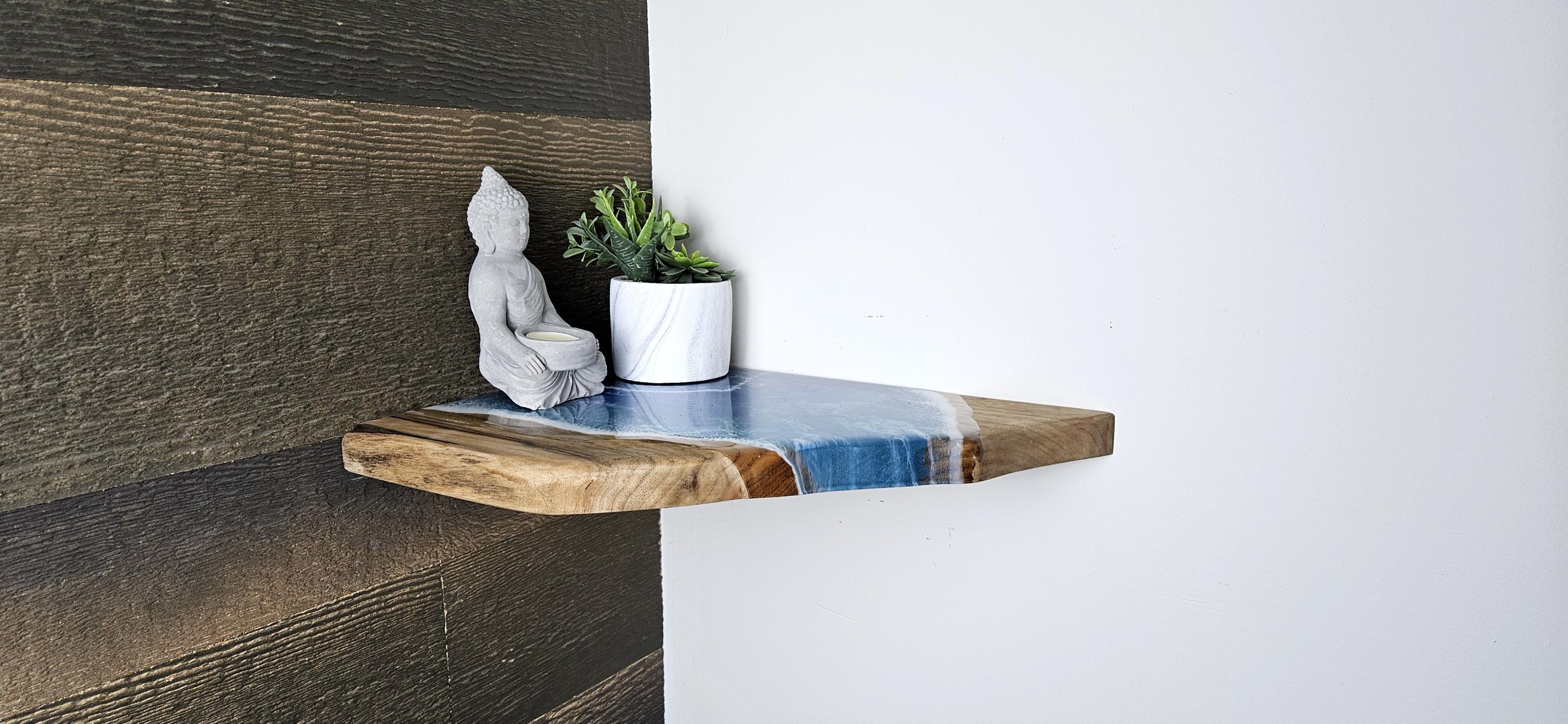 Live Edge Corner Floating Shelf: Ocean Resin Waves, Maple or Butternut ...