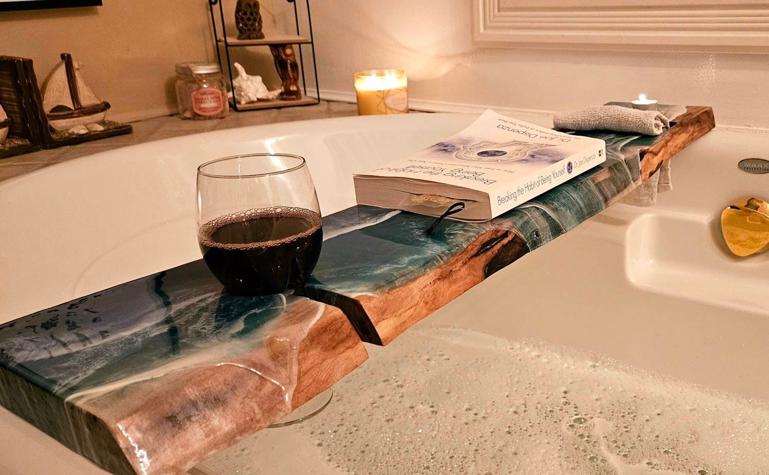 Live Edge Wood Bath Caddy Tray: Beach Resin Ocean Decor - Etsy
