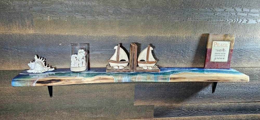 Live Edge Wooden Shelf With Beach Ocean Resin Waves / Wood and - Etsy