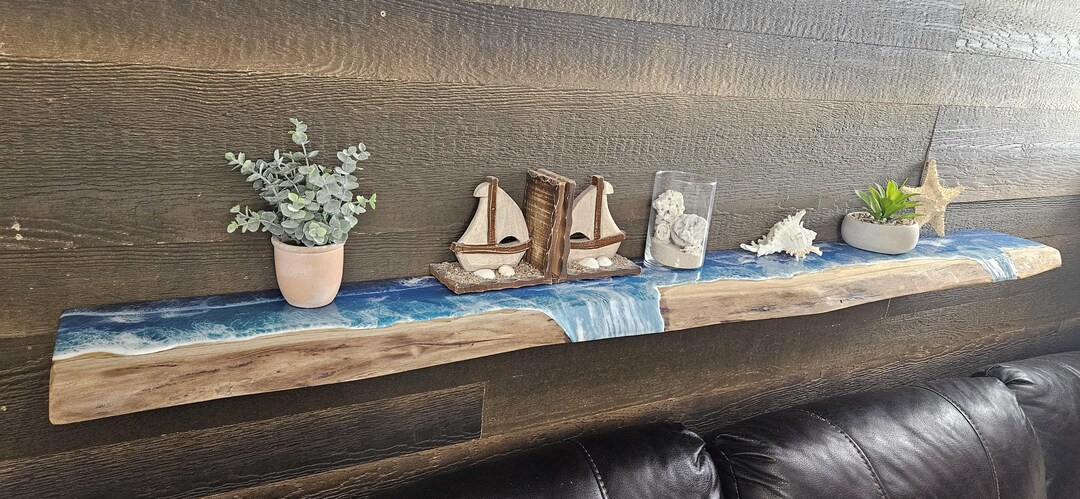 LONG Live Edge Wooden Shelf With Beach Ocean Resin Waves / Wood and ...