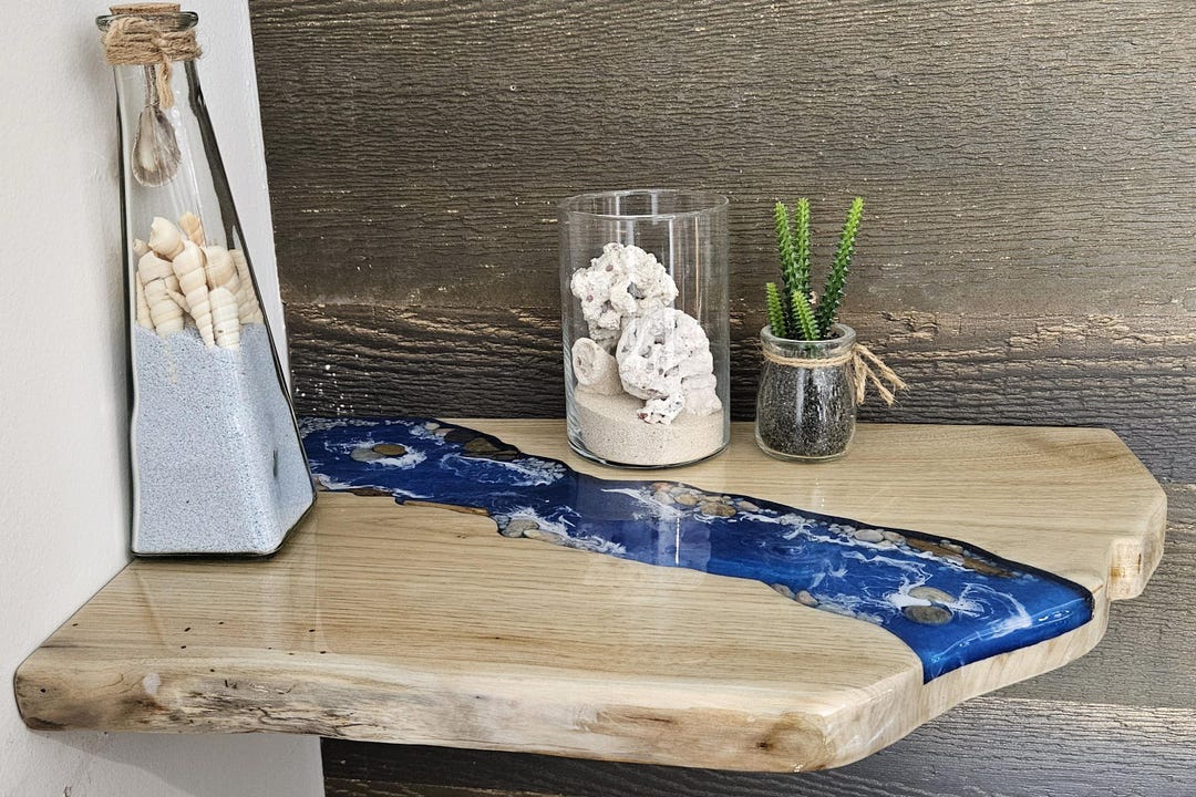 Live Edge Corner Wooden Floating Shelf With Beach Ocean Resin Waves ...
