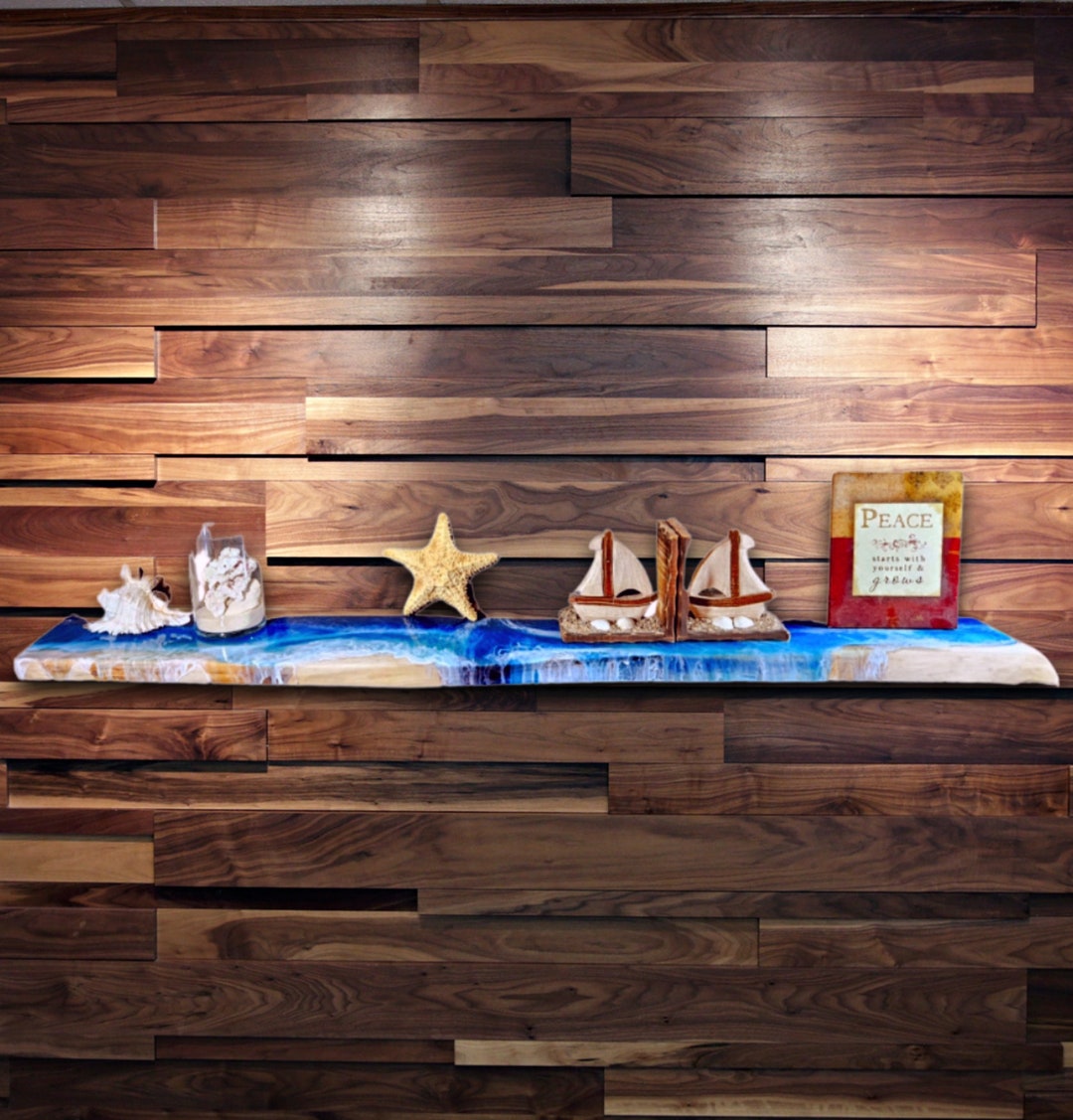 Live Edge Wooden Shelf With Beach Ocean Resin Waves / Wood and Epoxy ...