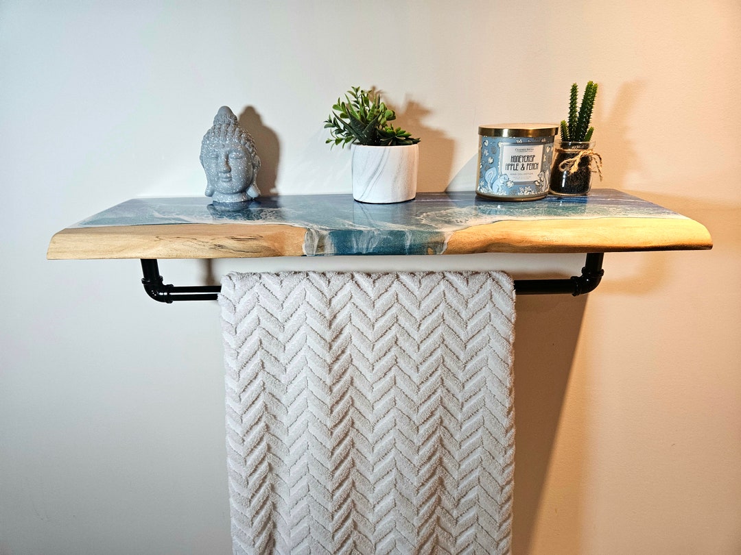 Ocean Resin Wooden Shelf With Iron Towel Rack Holder / Floating Shelf ...