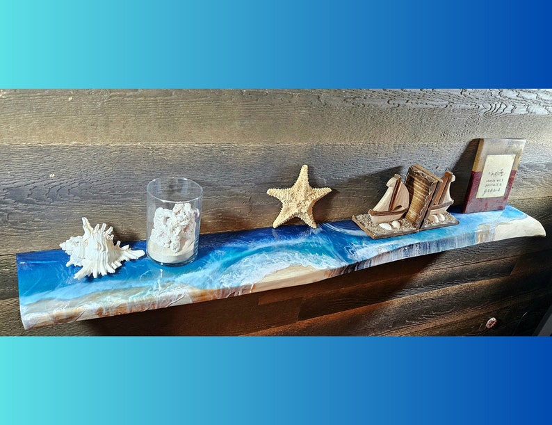 Live Edge Wooden Shelf With Beach Ocean Resin Waves / Wood and Epoxy ...