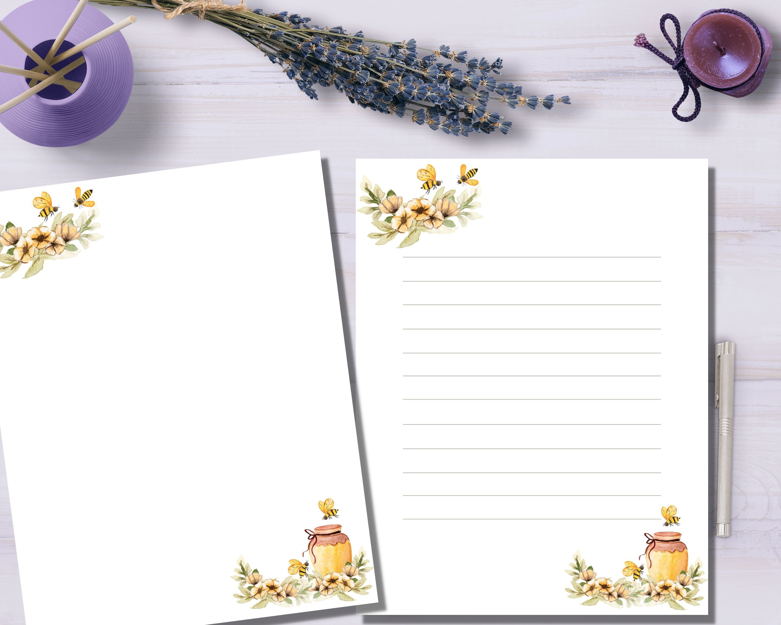 Watercolor Honey Bee Printable Letter Paper, Honey Bee Writing Paper ...